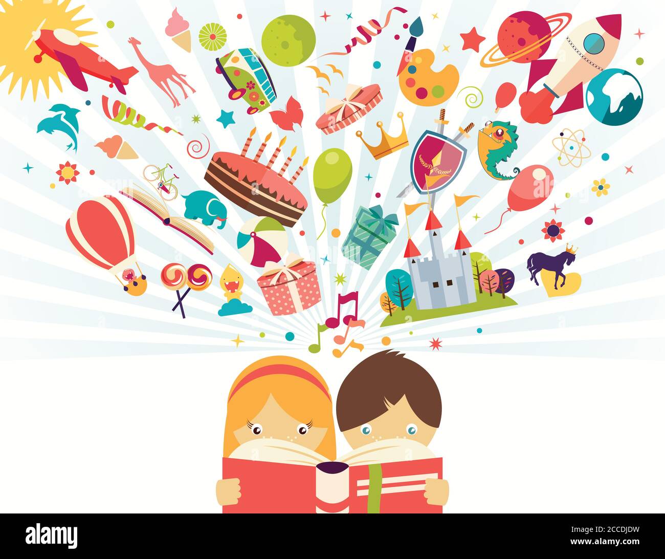 Imagination concept, boy and girl reading a book objects flying out ...