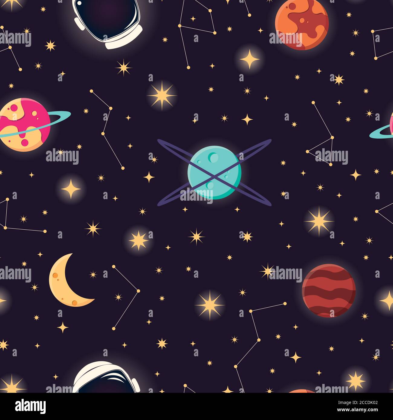 Universe with planets, stars and astronaut helmet seamless pattern ...