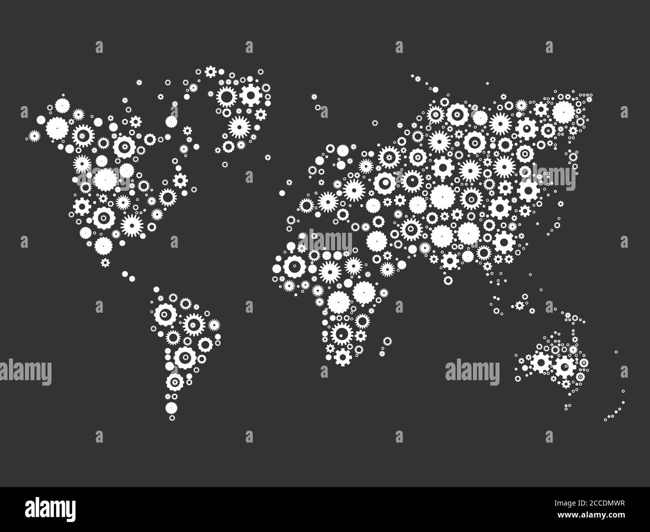 World map mosaic of white cog wheels on grey background. Industrial ...