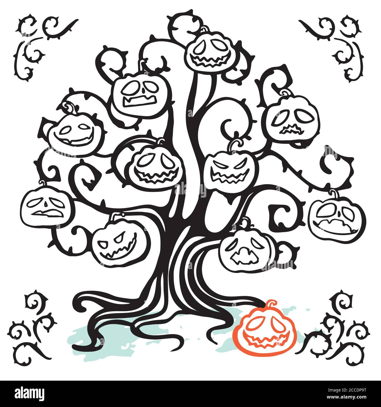 Vector creepy halloween tree doodle illustration set, greeting card ...
