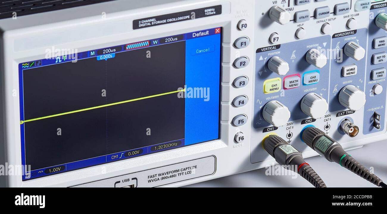 Detail of oscilloscope and accessories cut out on white background ...