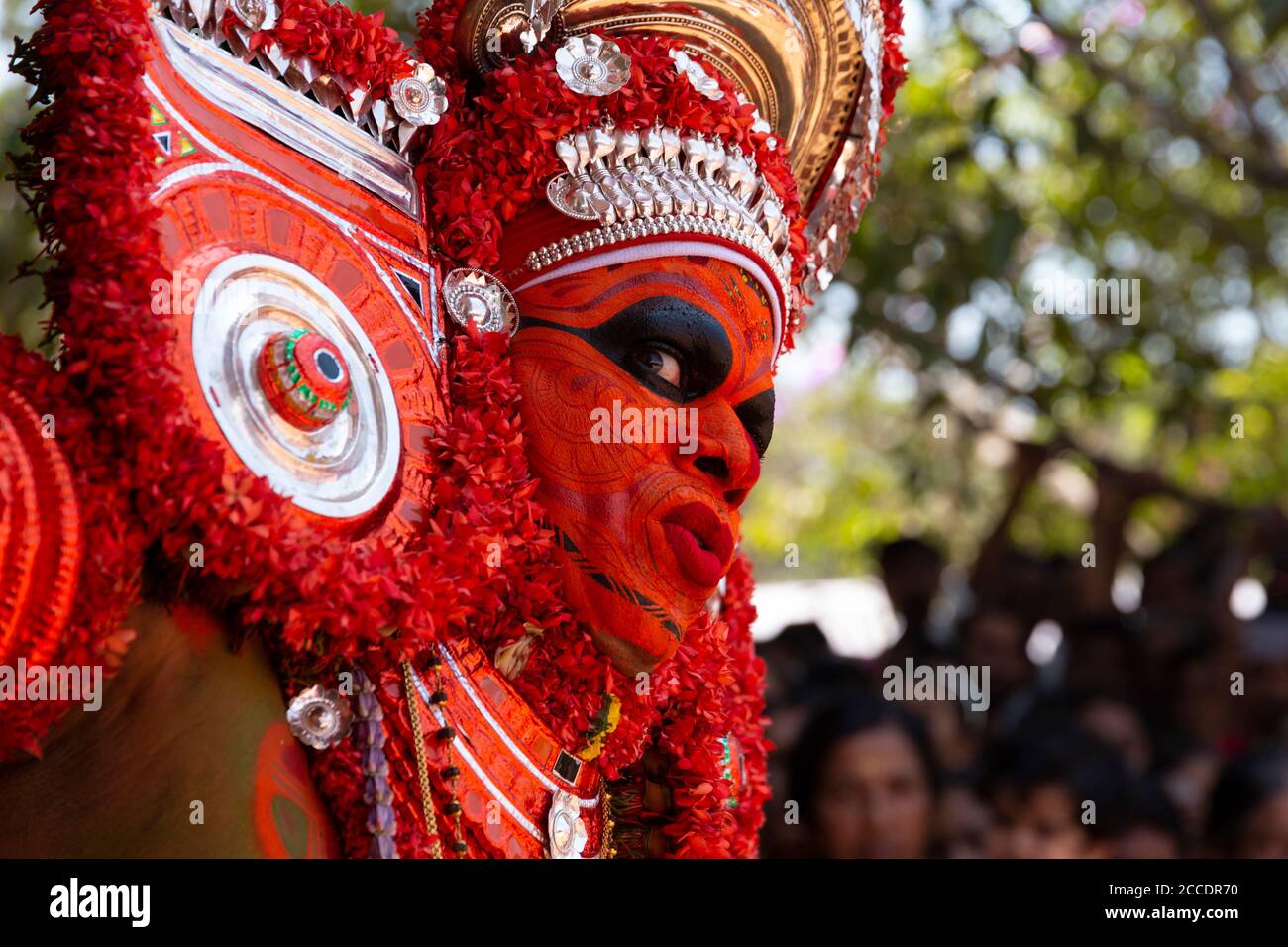 A Theyyam artist performs traditional rituals at a Kerala temple Stock ...