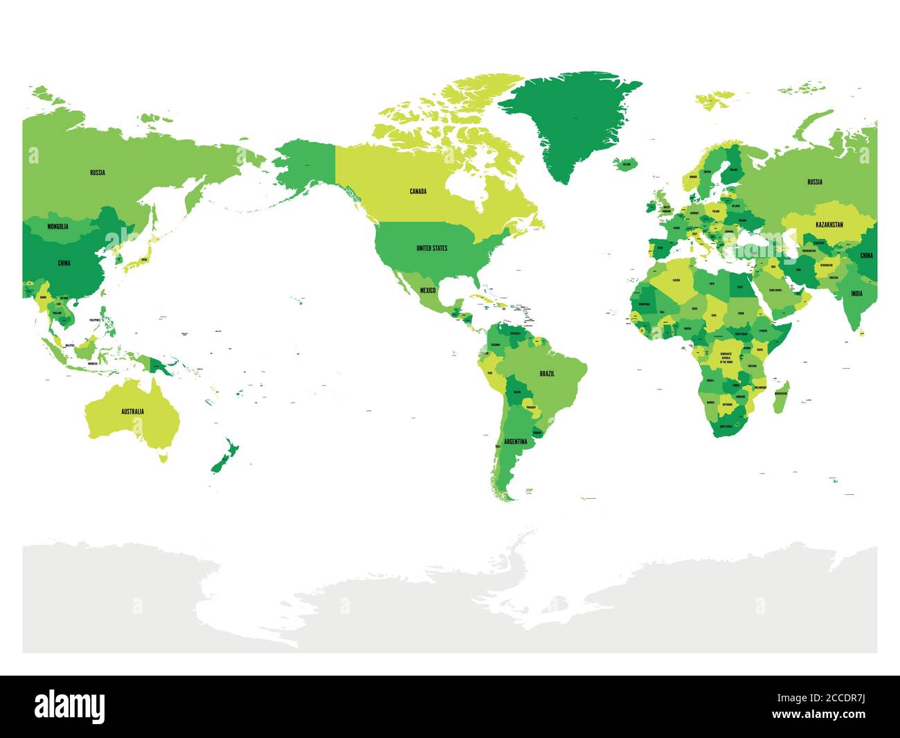 World map in four shades of green on white background. High detail ...