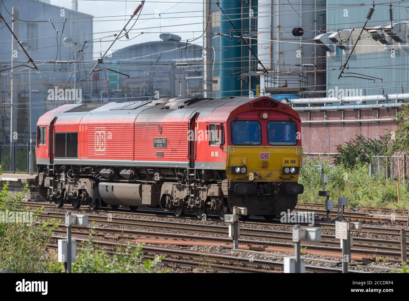Class 66 diesel locomotive at Bank Quay station. Named Armistice 100 ...