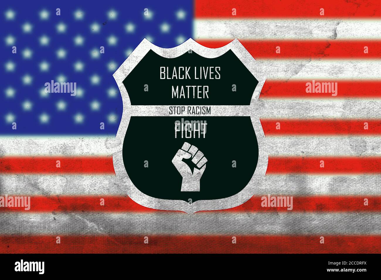 Illustration, with the design of a shield and inside a fist rising with ...