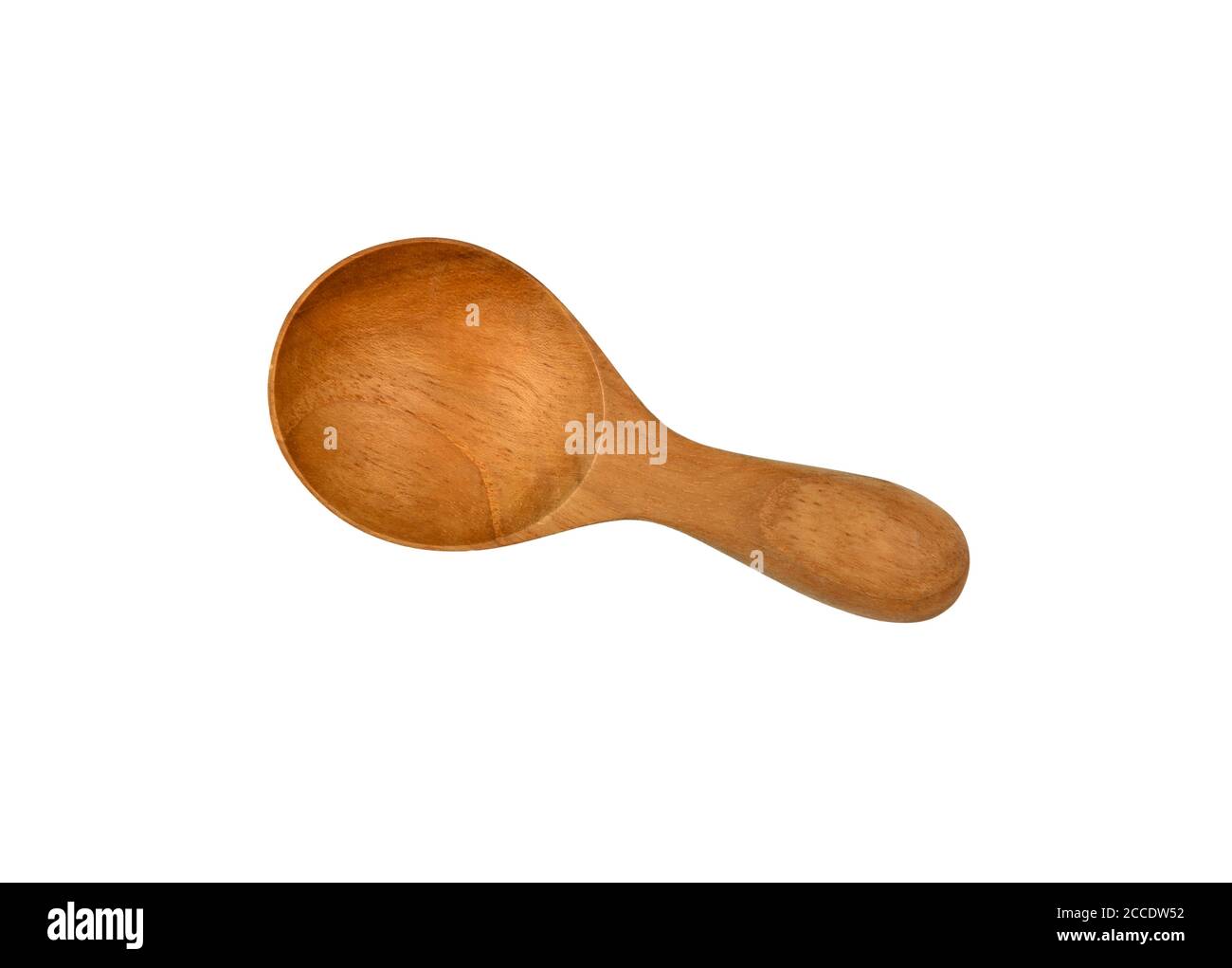 Close up one empty scoop shaped brown wooden spoon isolated on white ...