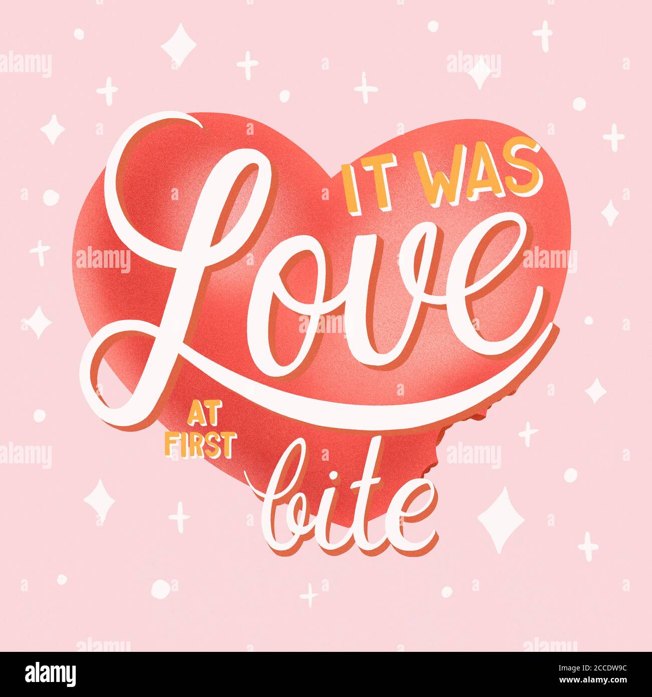 It was love at first bite. Colorful poster design illustration with big ...