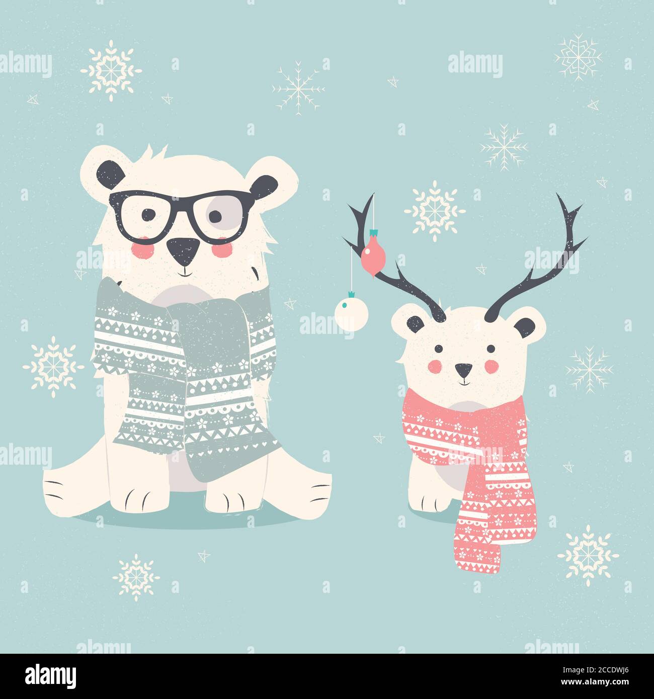 Merry Christmas postcard with two polar bears, hipster and cub, vector ...