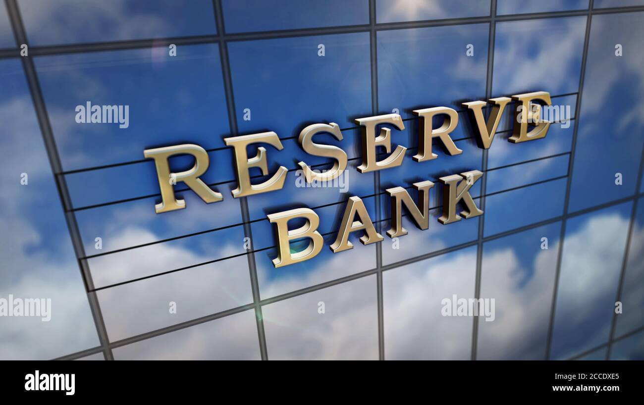 Reserve Bank on glass building. Mirrored sky and city modern facade ...