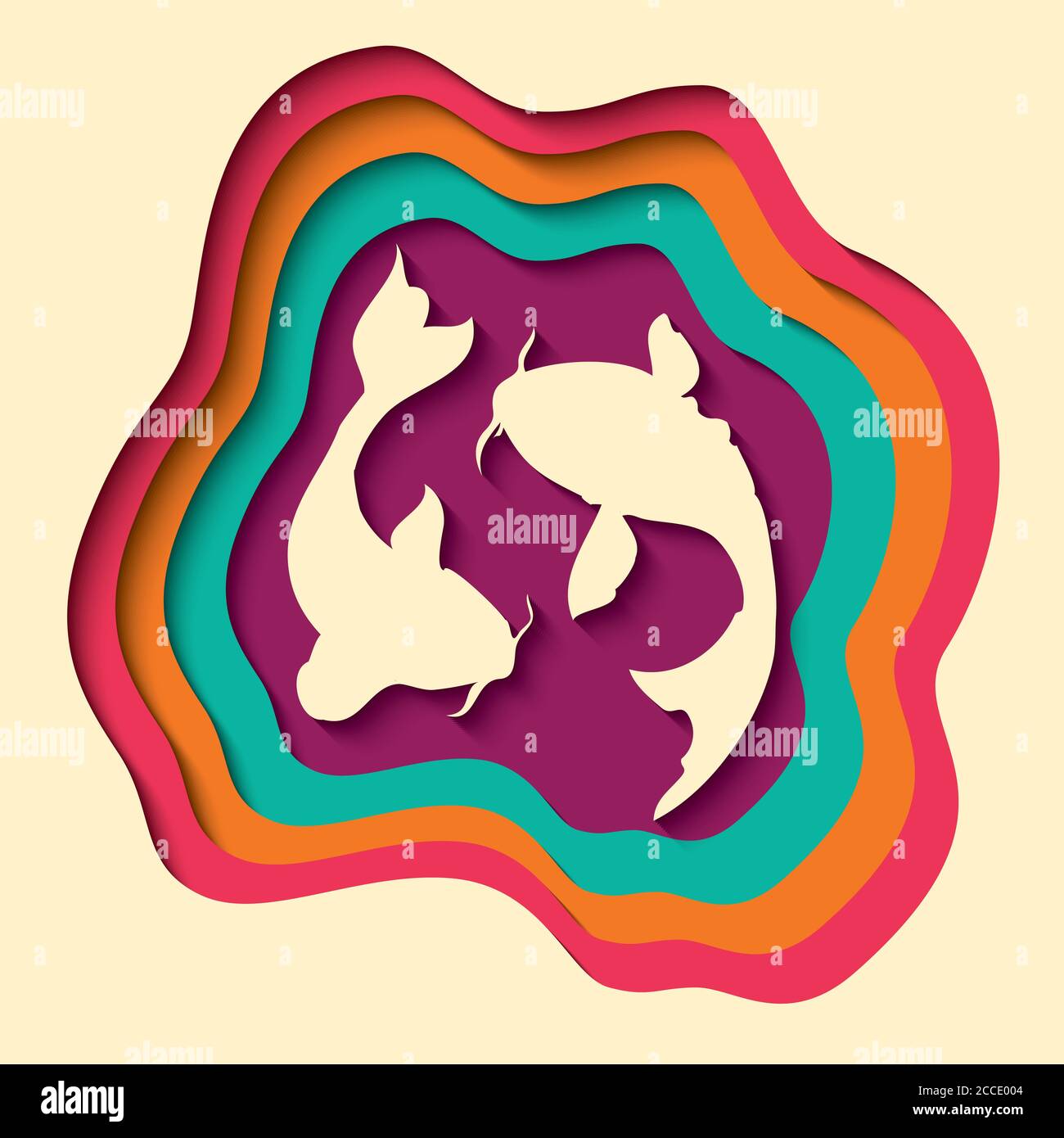 Paper cut out background with 3d effect, two koi fish carving art ...