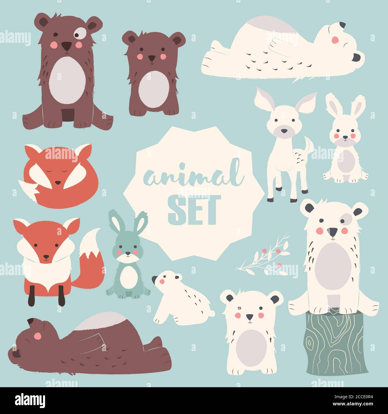 Collection of cute forest and polar animals with baby cubs, including ...