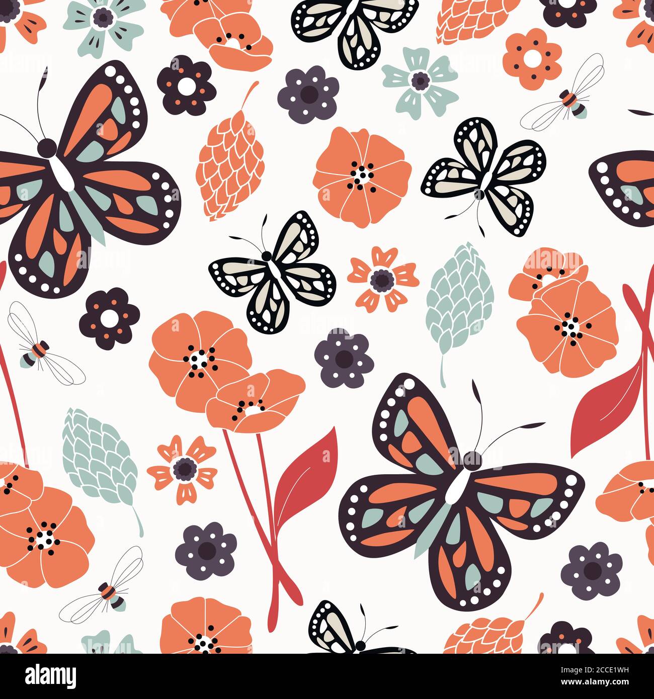 Seamless pattern with flowers, floral elements and butterflies, nature ...