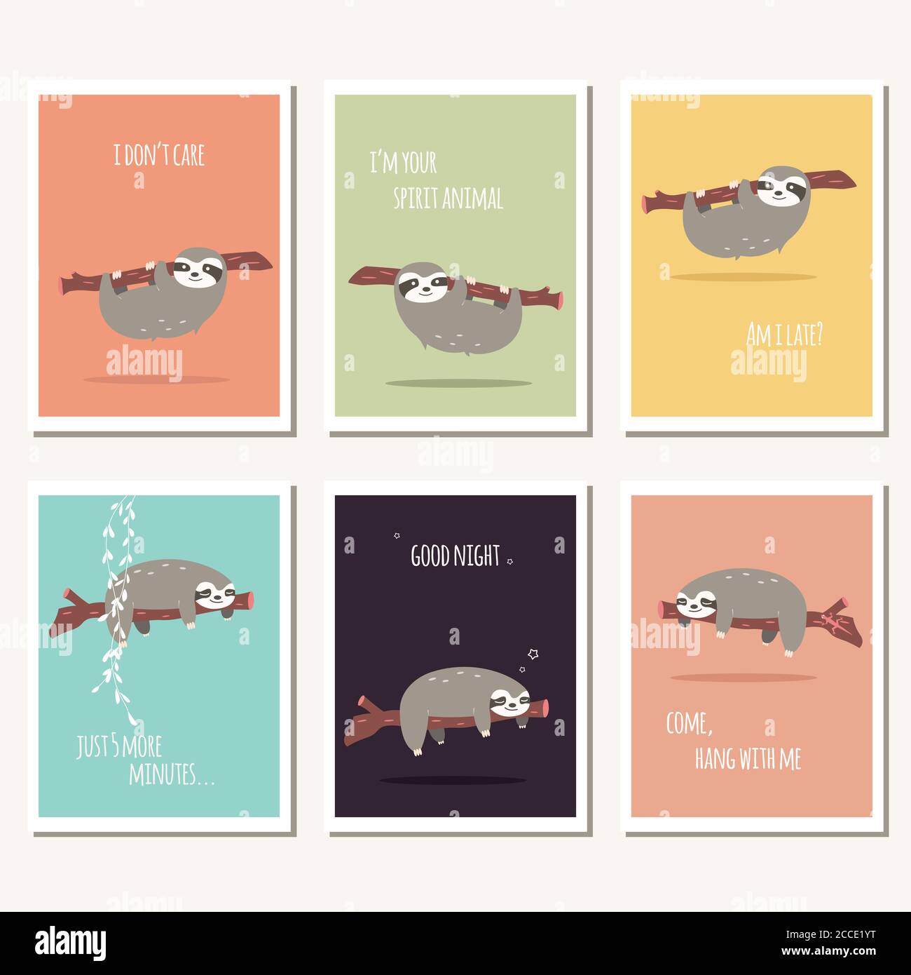 Collection of six greeting cards with cute sloth and text message ...