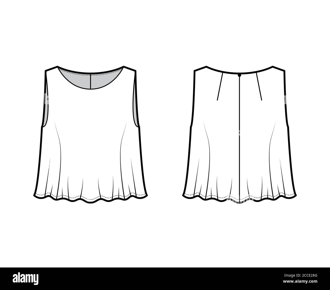 Cropped top technical fashion illustration with relaxed fit, oval neck ...