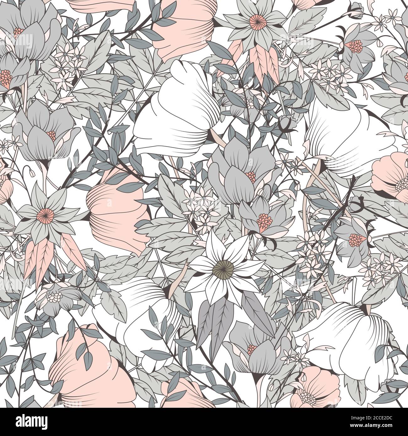 Seamless pattern design with hand drawn flowers and floral elements ...