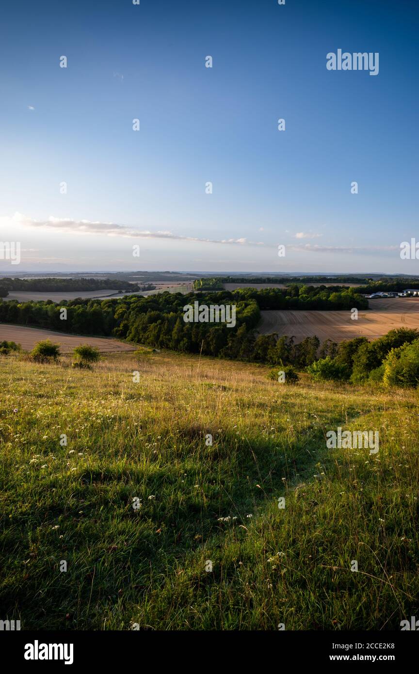 Soft summer evening light is cast over scenic countryside landscape ...