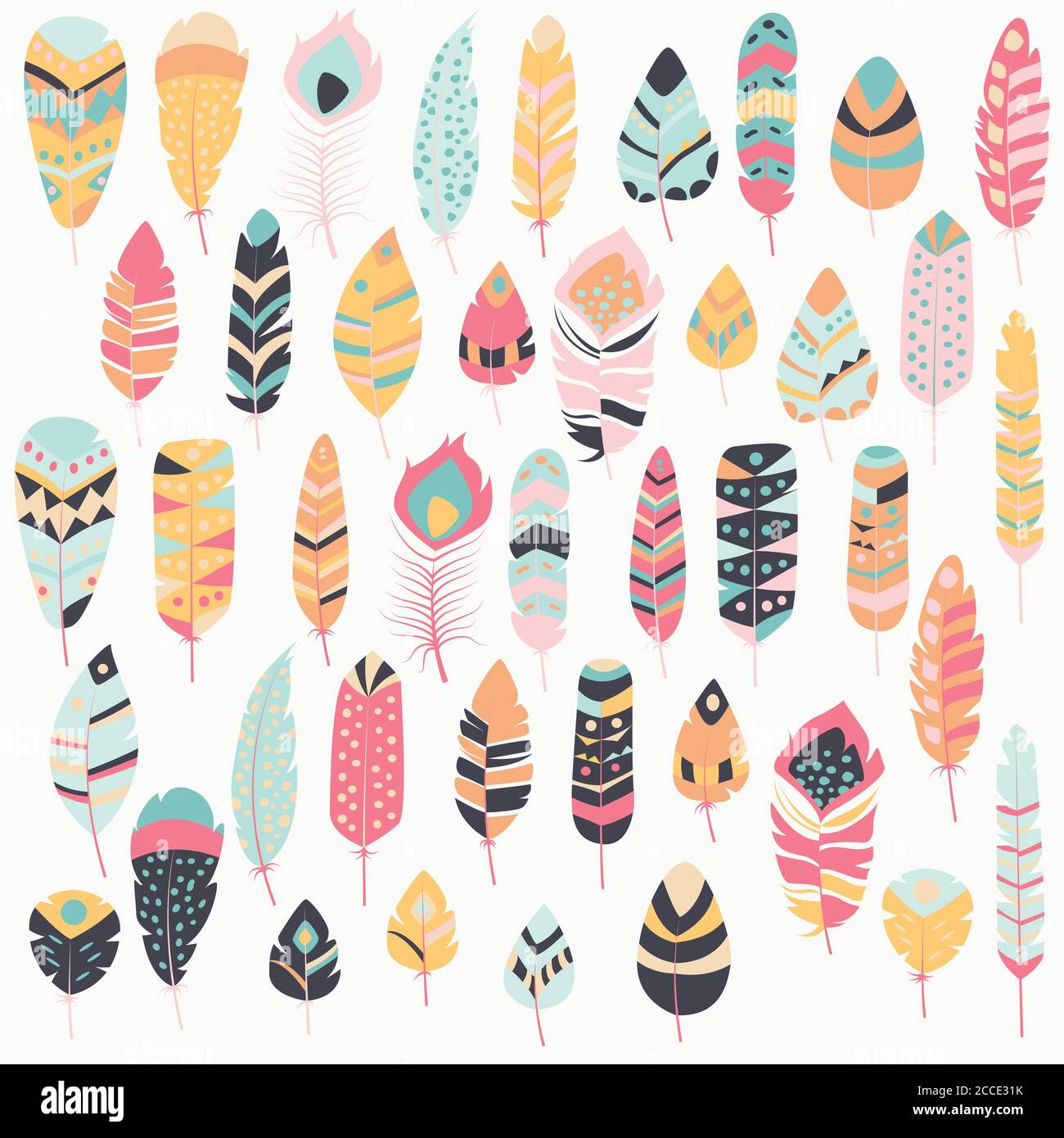 Collection of boho vintage tribal ethnic hand drawn colorful feathers ...
