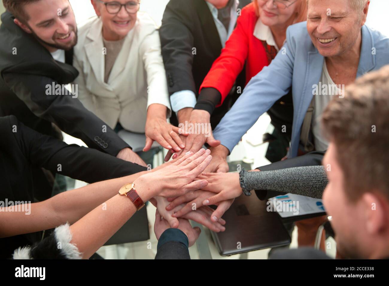 Underneath view, Business teamwork groups people hands, stacked Stock ...