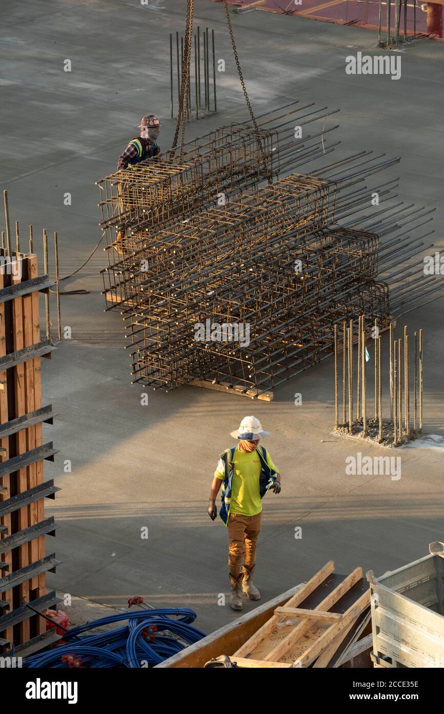 Austin, TX USA July 25, 2020: Concrete crew works on the parking garage ...