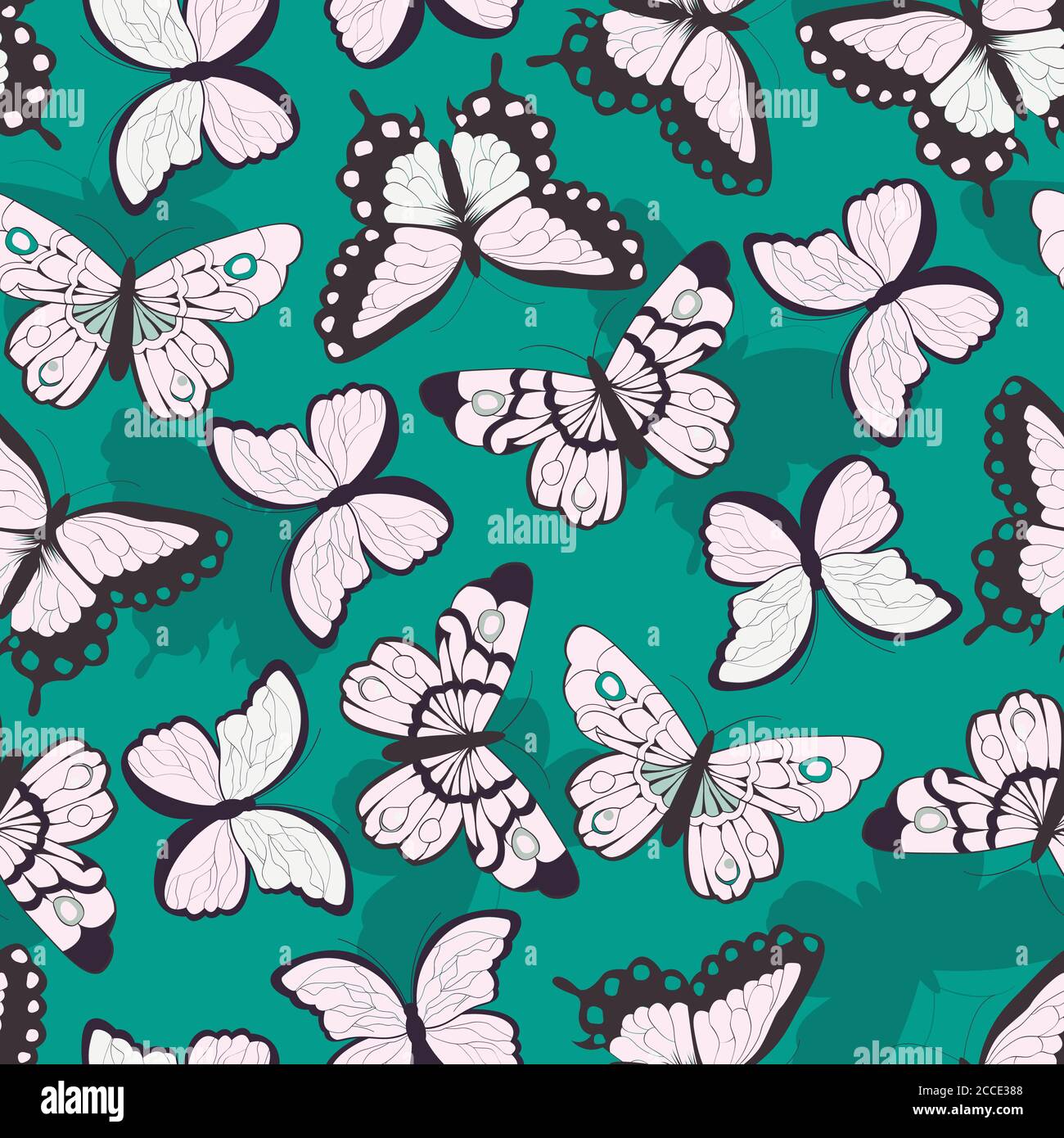 Seamless vector pattern with hand drawn colorful butterflies, green ...