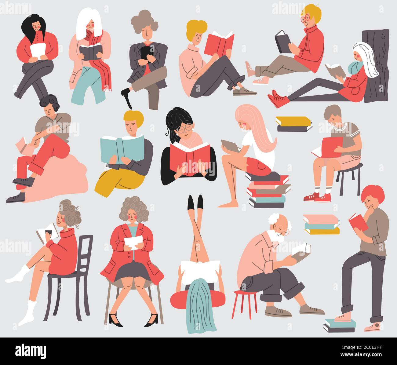 Group of people reading books. Men and women, young and old, sitting ...