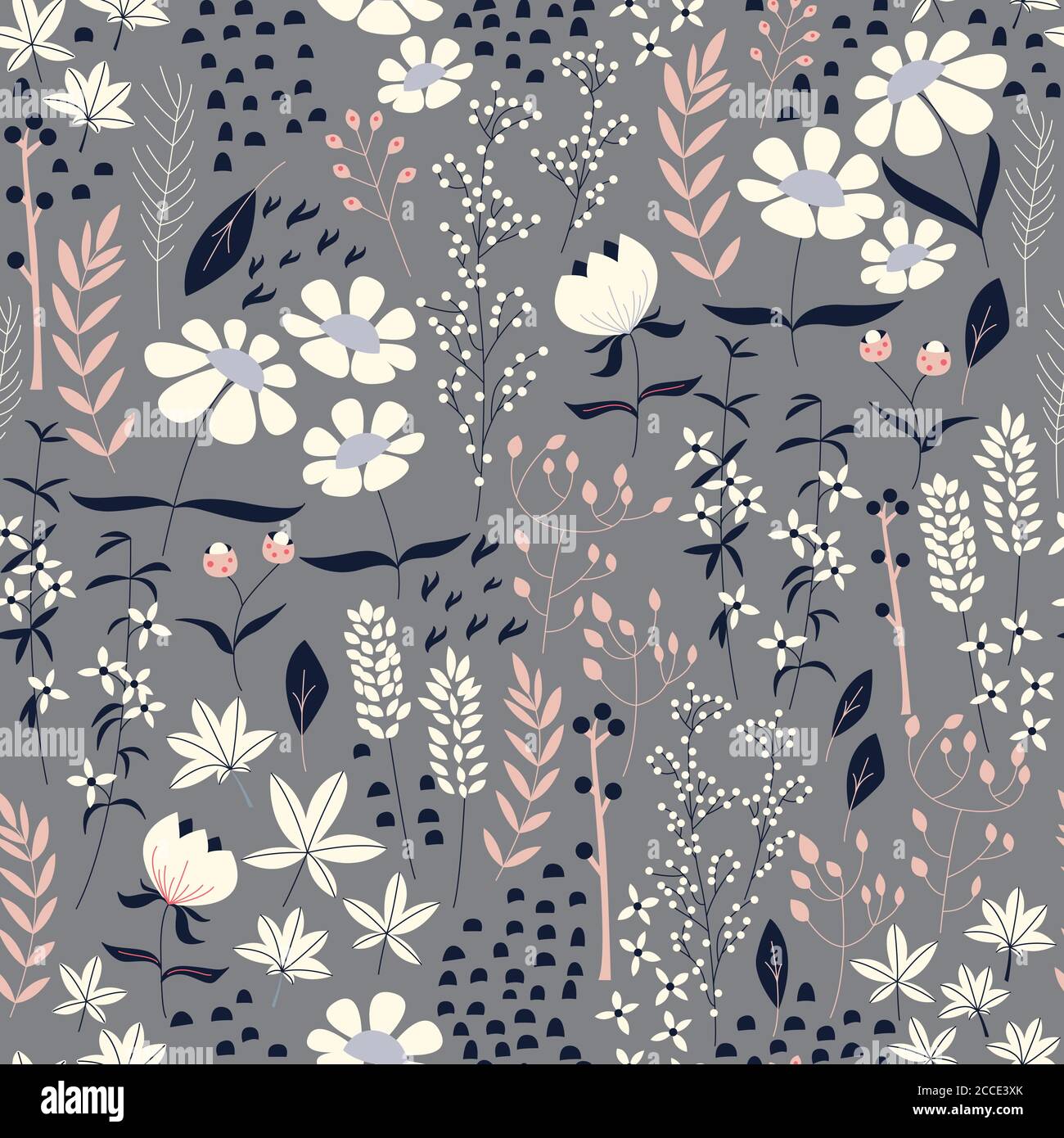 Seamless pattern design with hand drawn flowers and floral elements ...