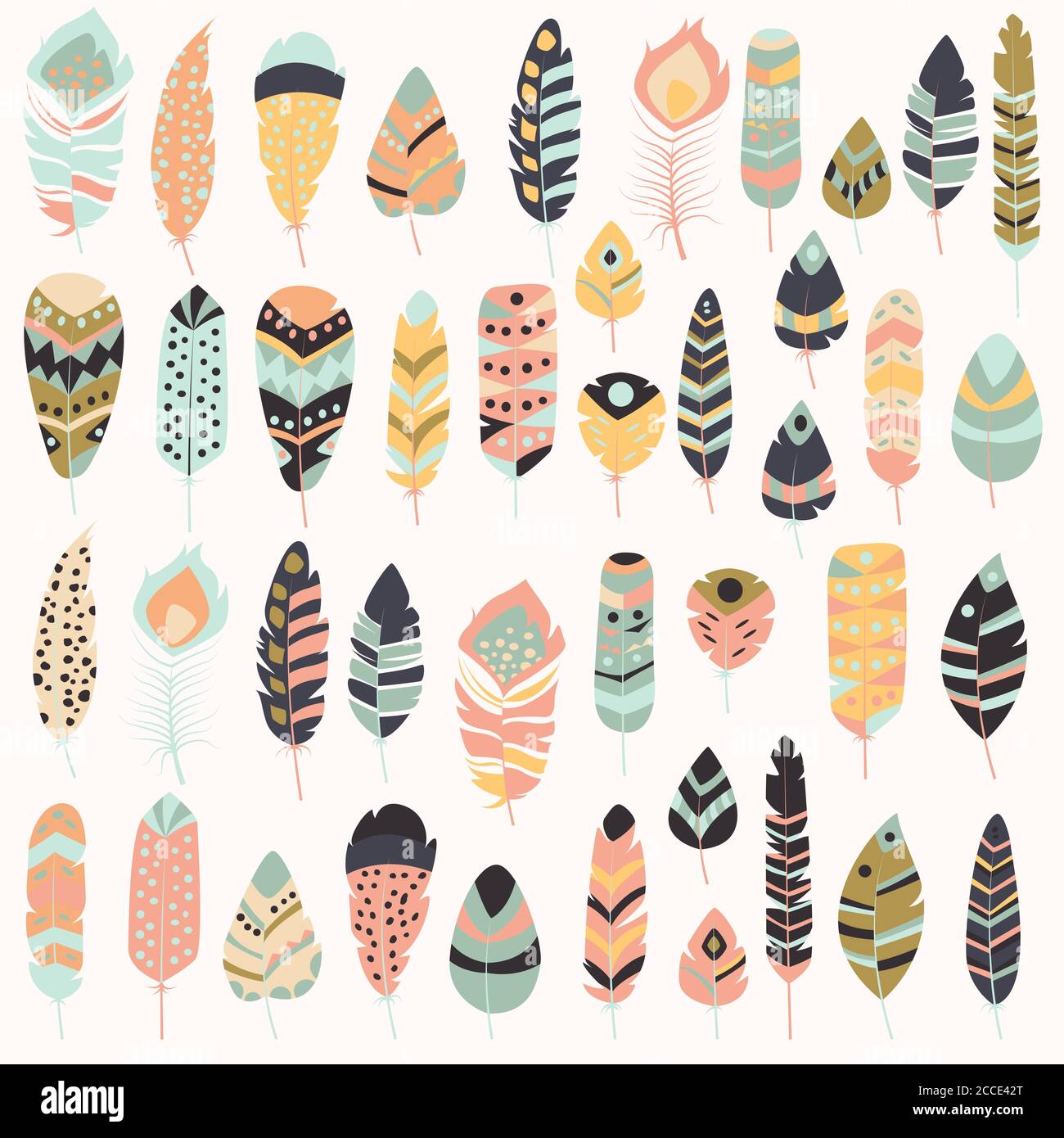 Collection of boho vintage tribal ethnic hand drawn colorful feathers ...