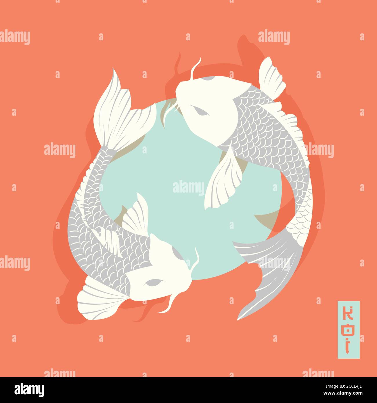 Two carp koi fish swimming around Sun, traditional Japanese style ...