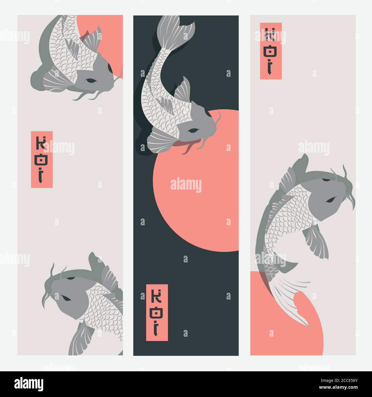 Three vertical banners with carp koi fish swimming around Sun ...