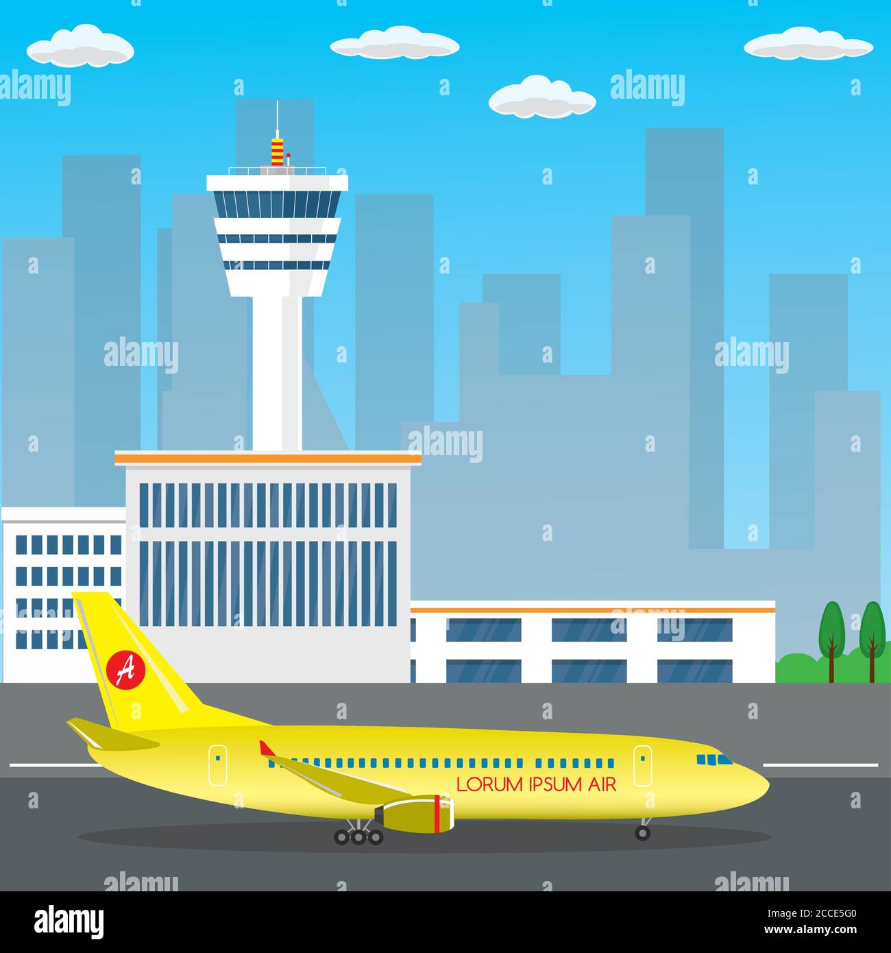 Airport building and airplane on runway,flat vector illustration Stock ...