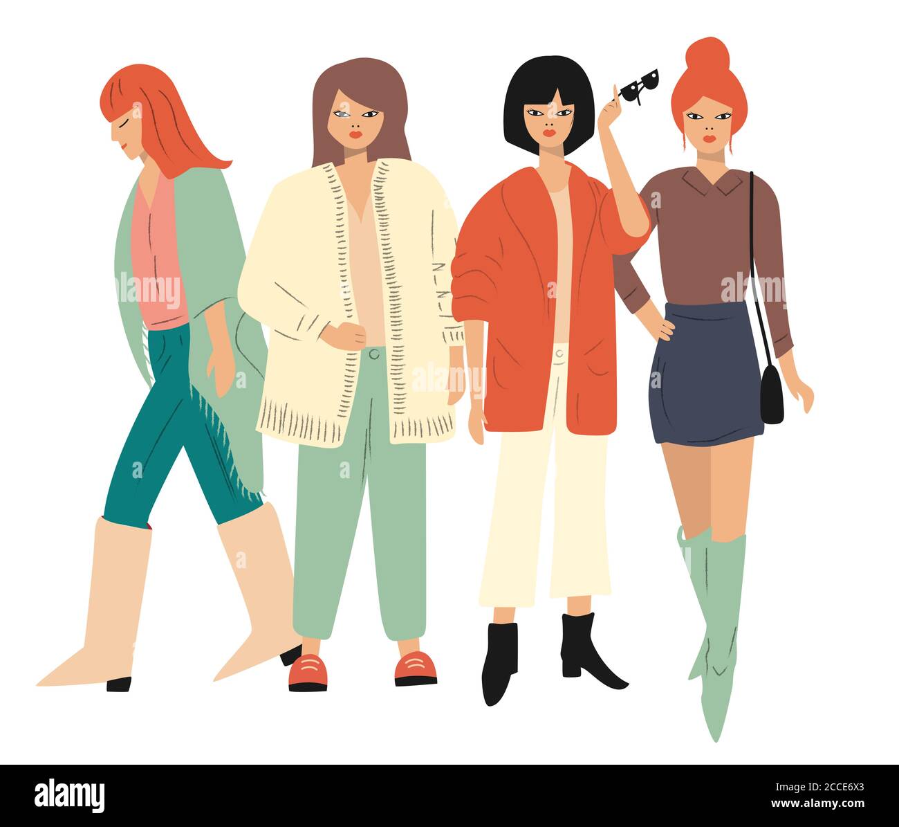 Four young women in autumn clothes standing and walking. Isolated on ...