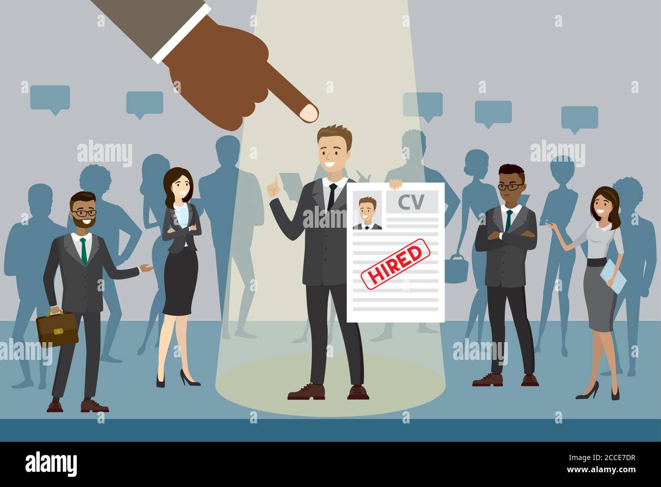 Cartoon job candidate won and stands in spotlight,male with resume ...