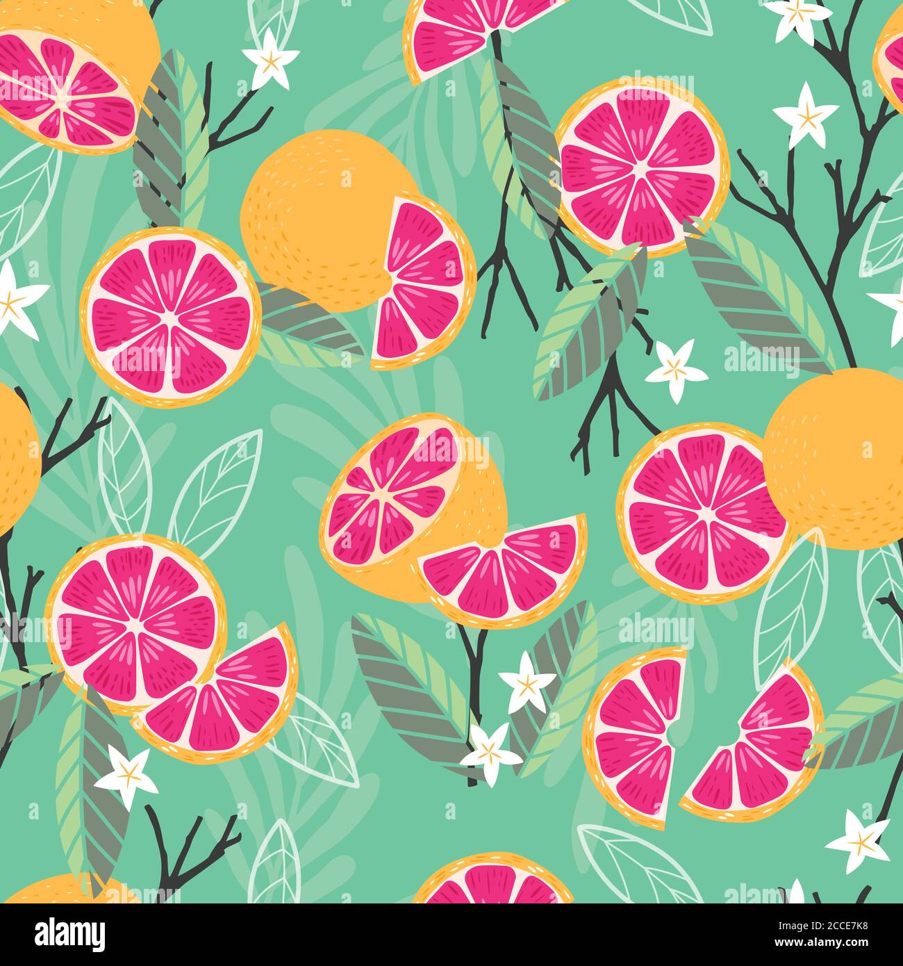 Fruit seamless pattern, grapefruit with branches, leaves and flowers on green background. Summer ...