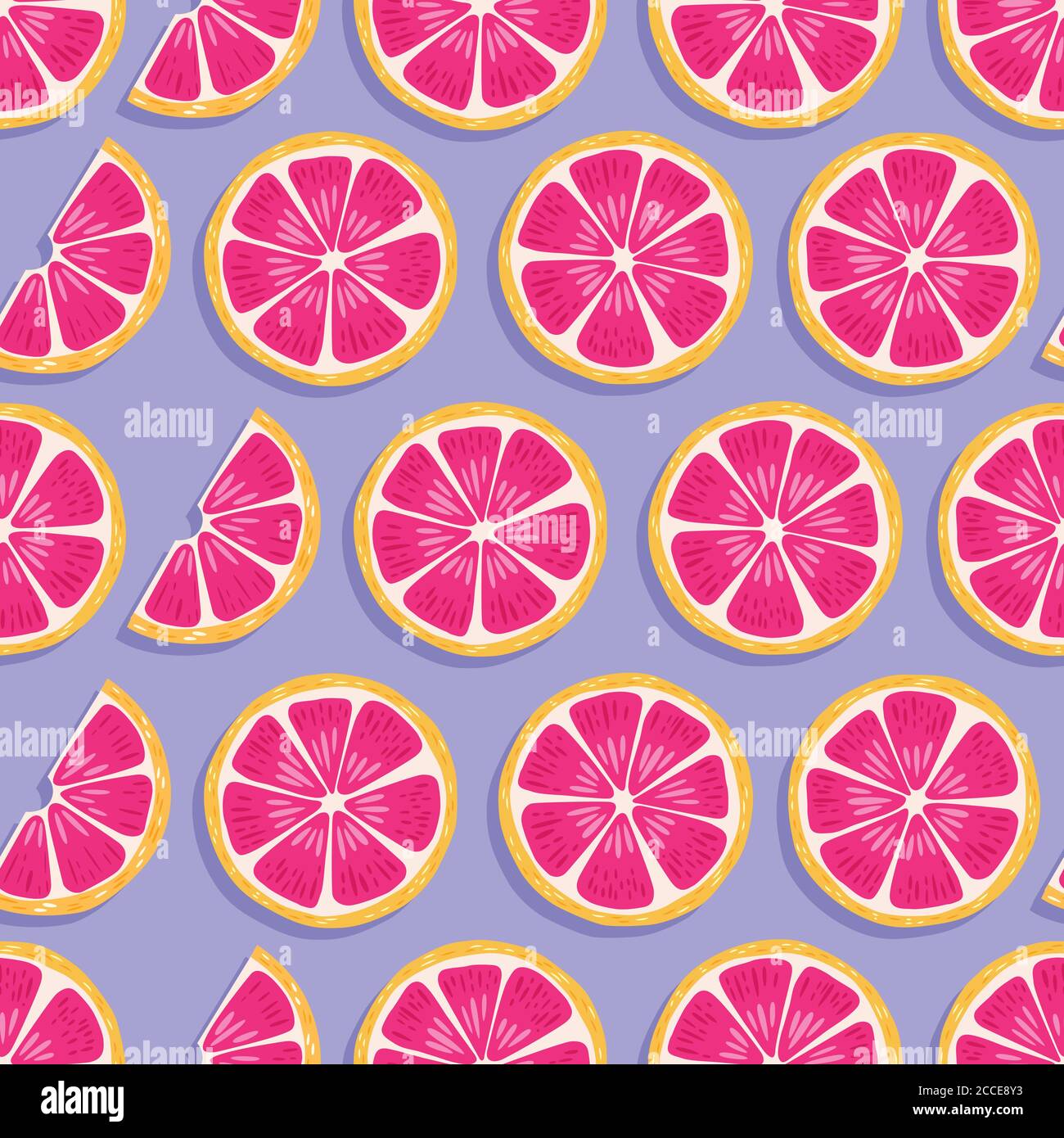 Fruit seamless pattern, grapefruit slices with shadow on purple background. Summer vibrant ...