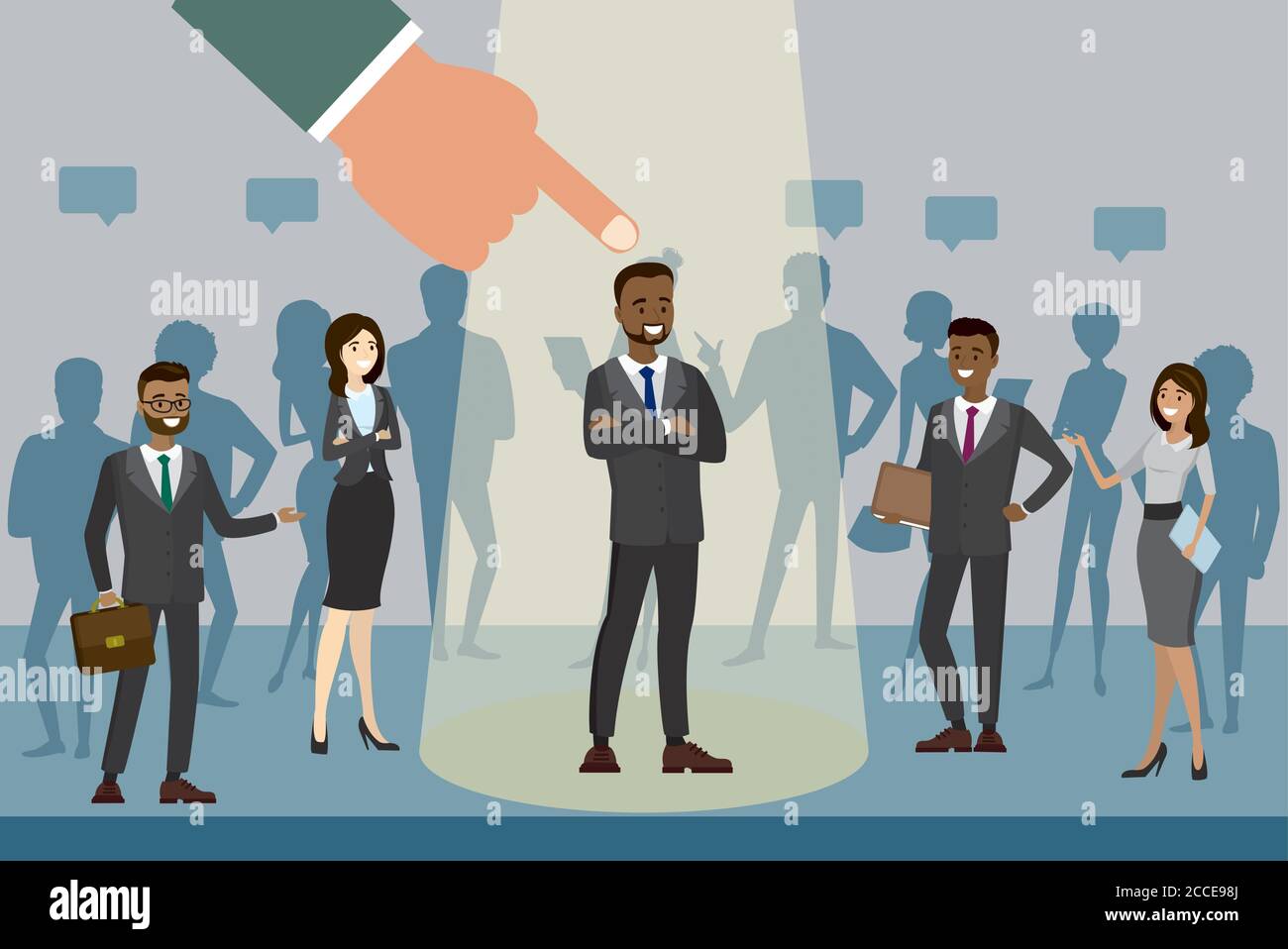 Cartoon job candidate won and stands in spotlight, human resource ...