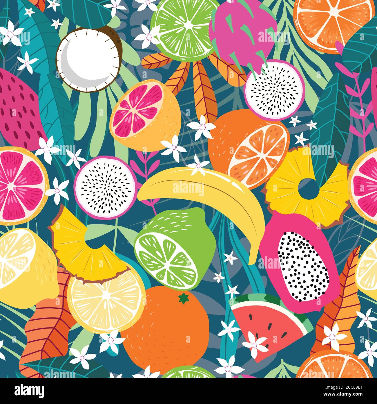 Fruit seamless pattern, collection of exotic tropical fruits with ...