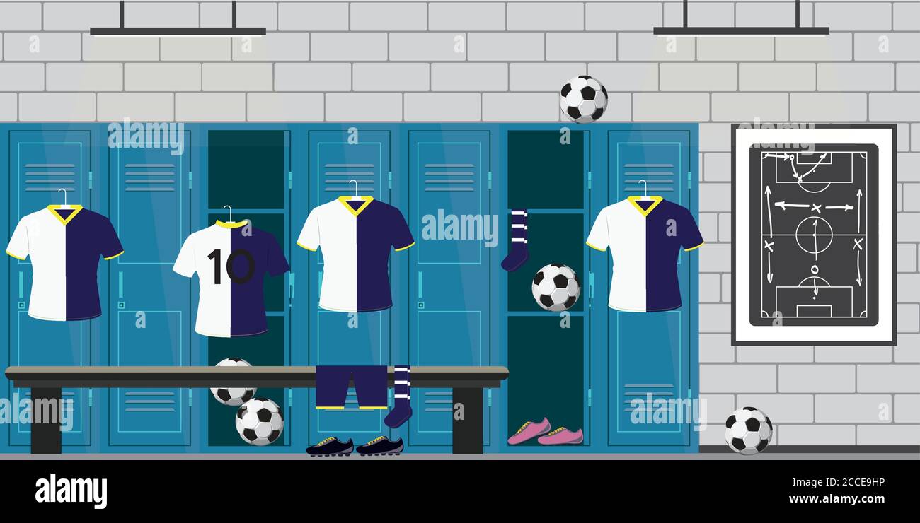 dressing room football,lockers,soccer uniform and balls,open and closed ...