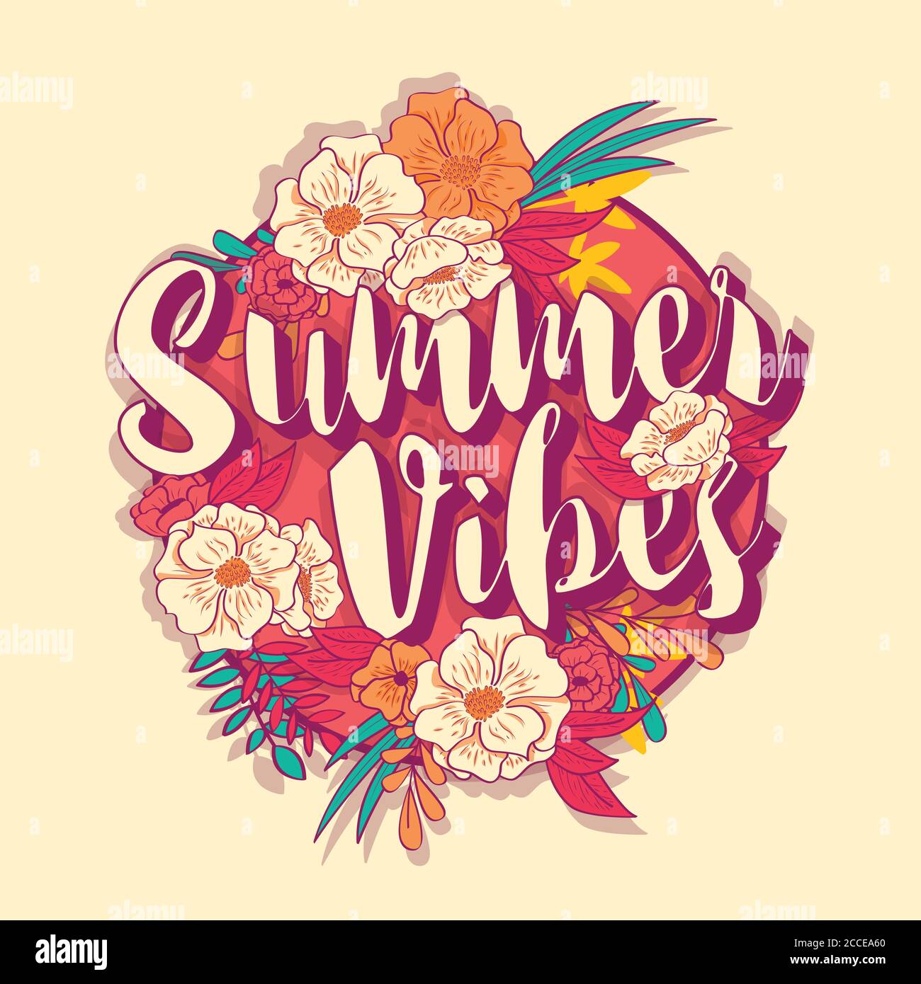 Summer vibes typography banner round design in tropical flower frame ...