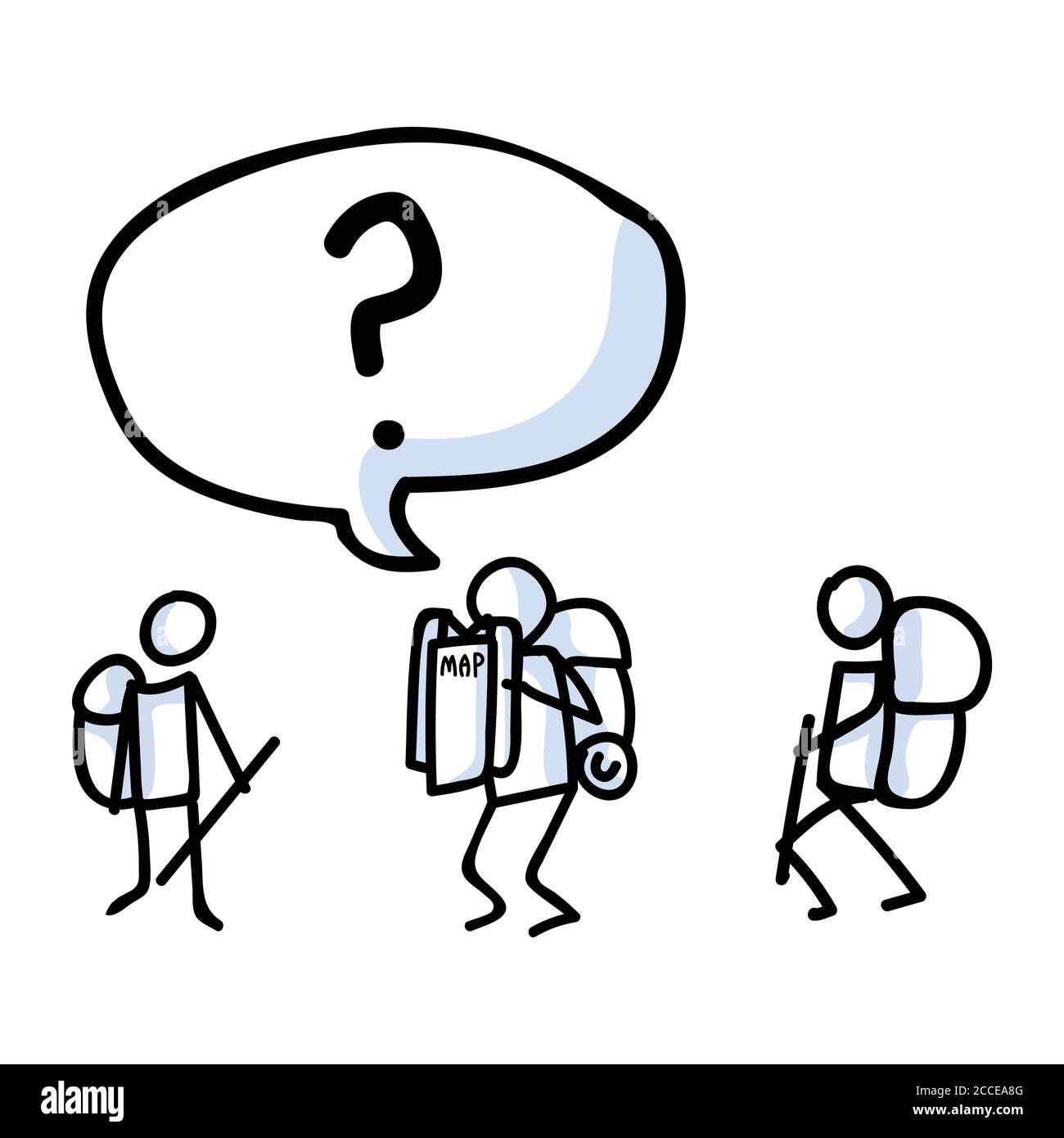 Hand drawn stickman family hiking with map concept. Simple outdoor ...