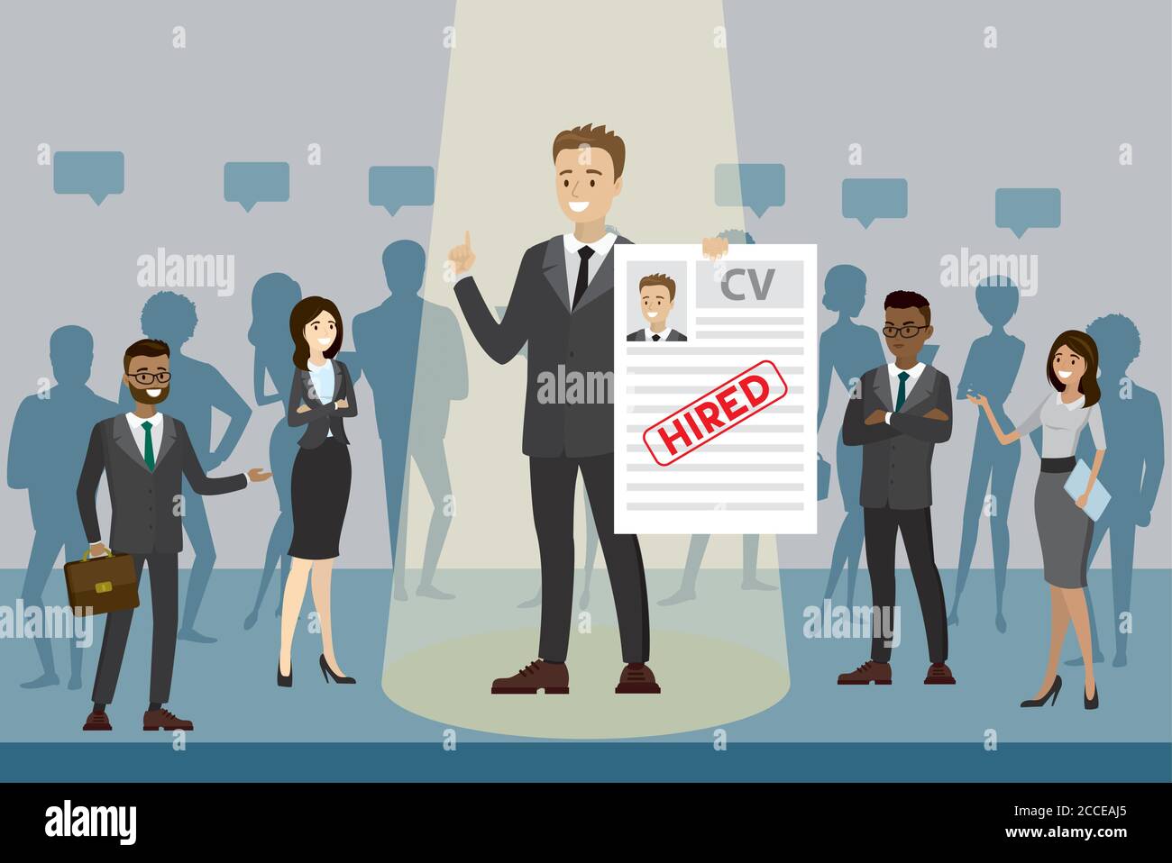 Cartoon job candidate won and stands in spotlight,male with resume ...