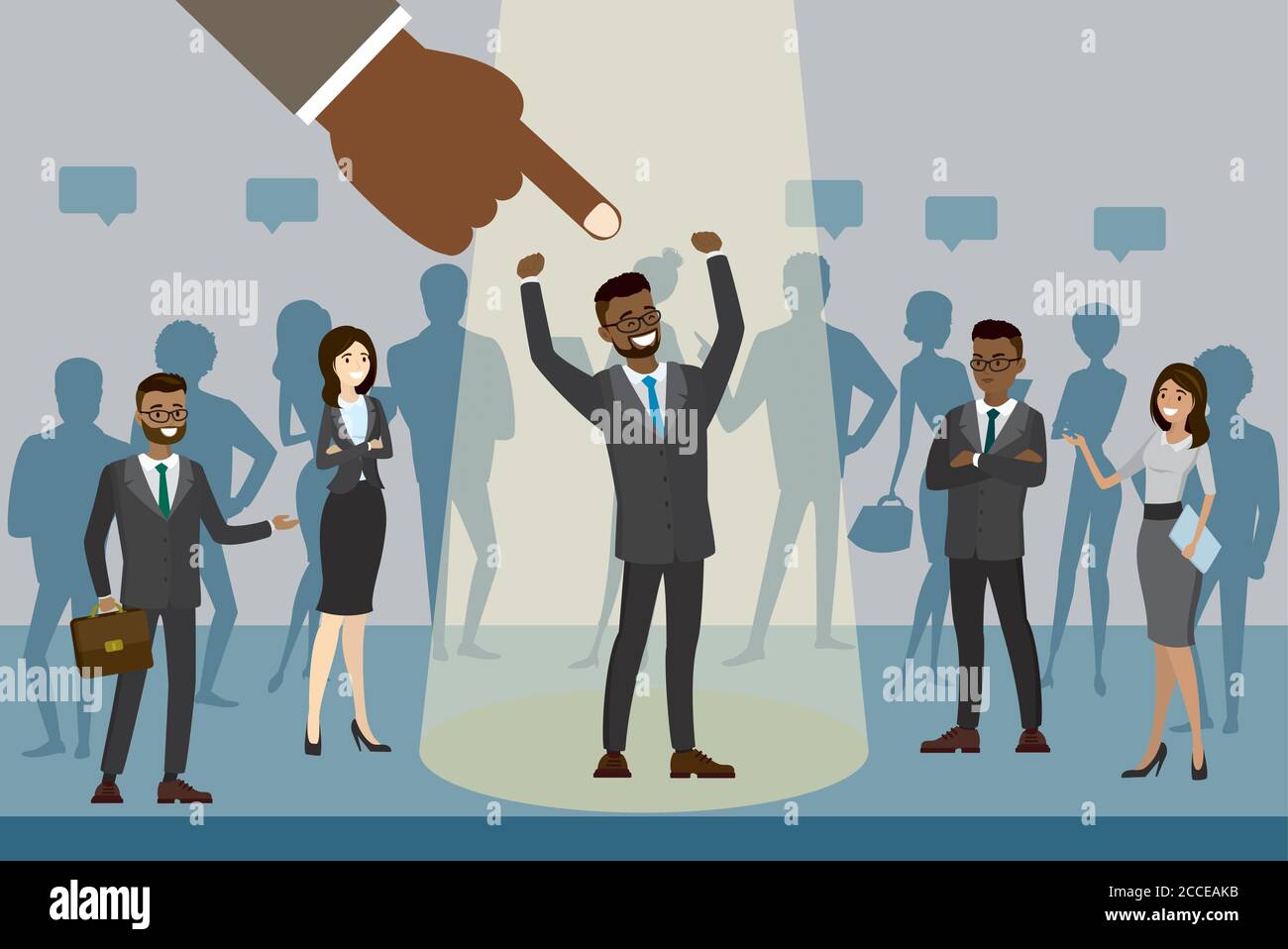 Cartoon job candidate won and stands in spotlight, human resource ...