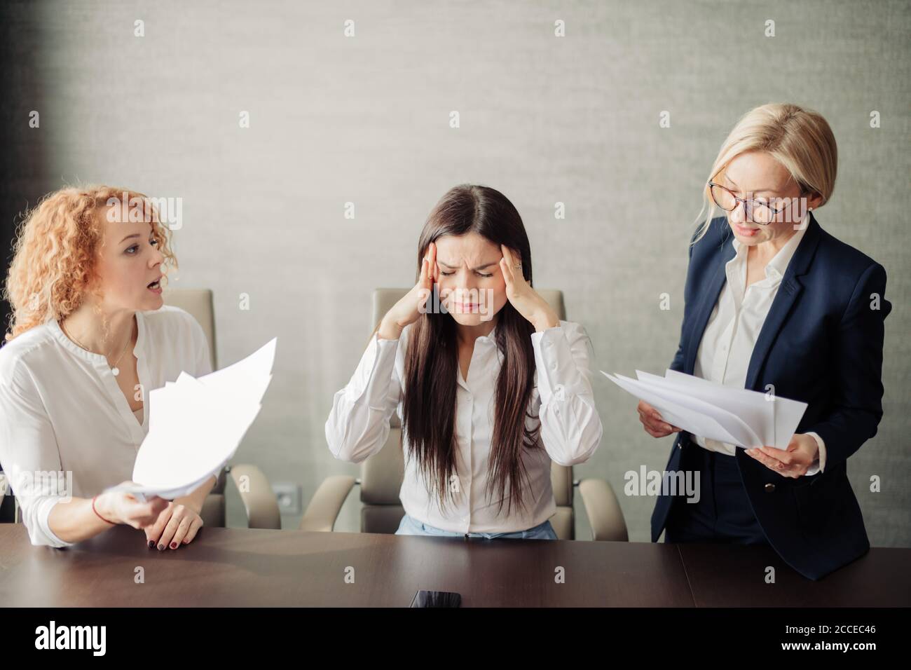 Frustrated tired woman, female assistant with closed eyes, keeping ...