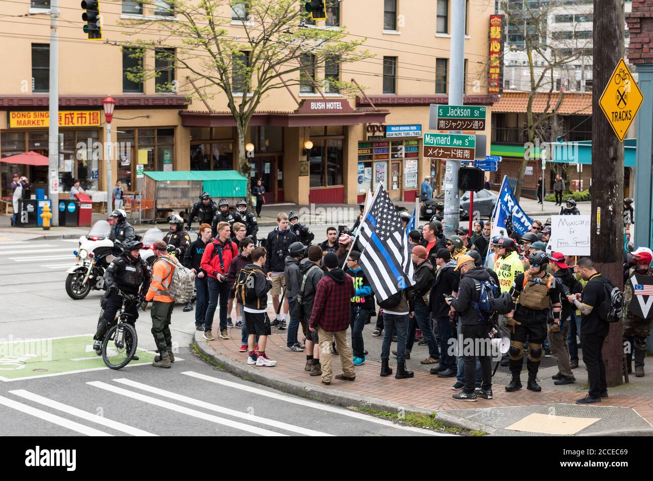 Seattle, USA – May 1st, 2017: Pro Trump Rally late in the day moving ...