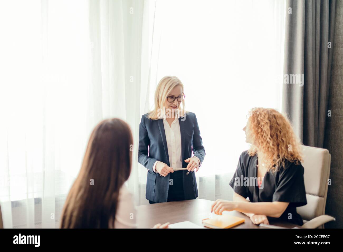 Female colleagues discussing work plans together, sitting at office ...