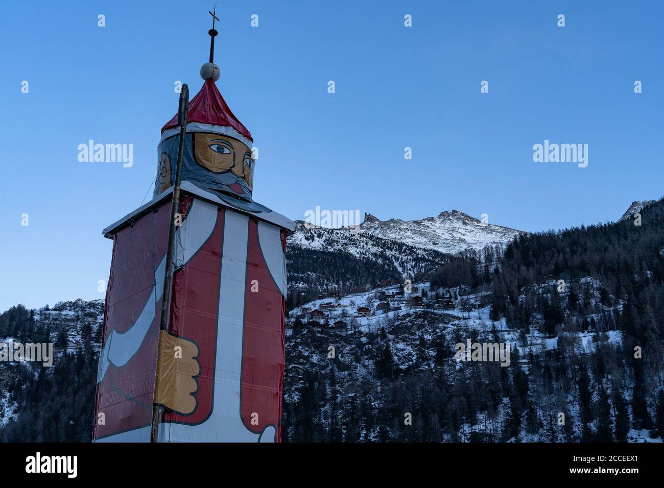 Europe, Switzerland, Valais, St. Niklaus, Christmas decorated church ...