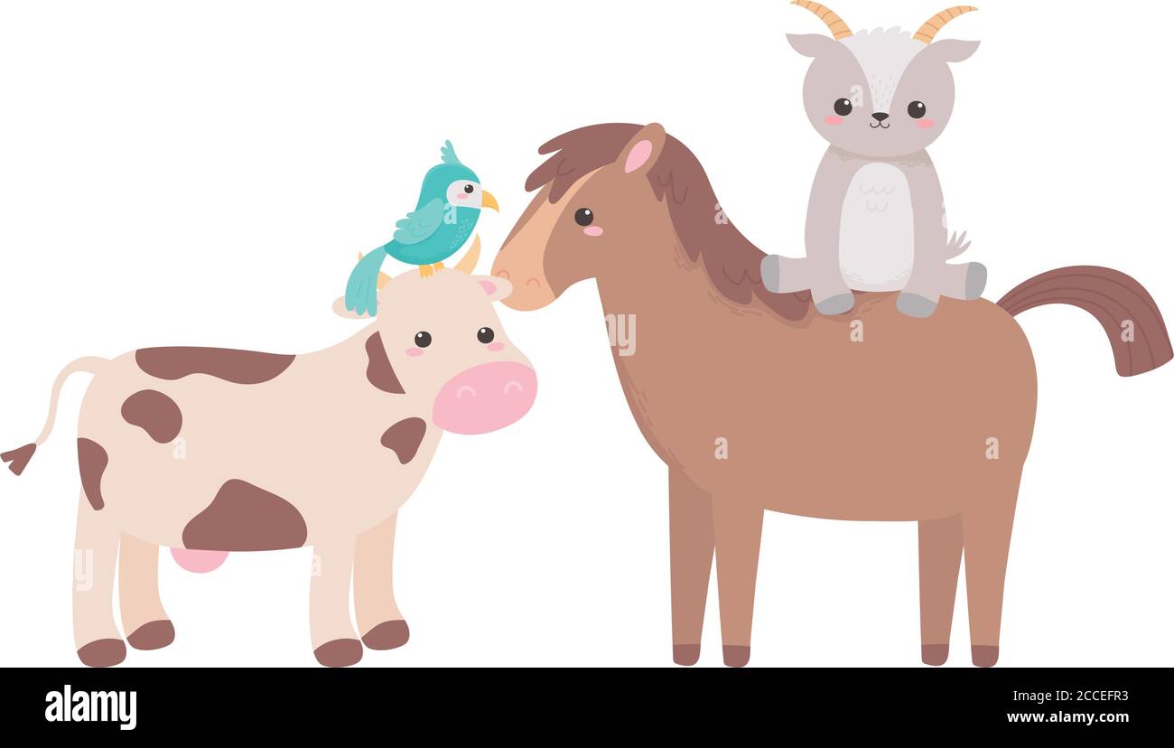 cute horse goat cow and parrot cartoon animals vector illustration ...
