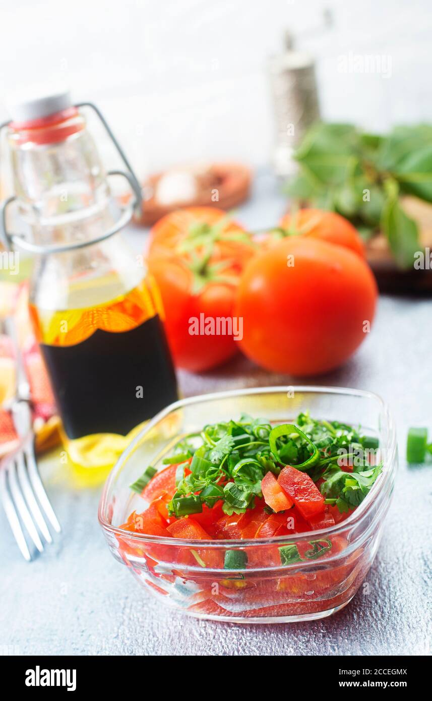 Tomato salsa, traditional mexican sauce with ingredients for making ...