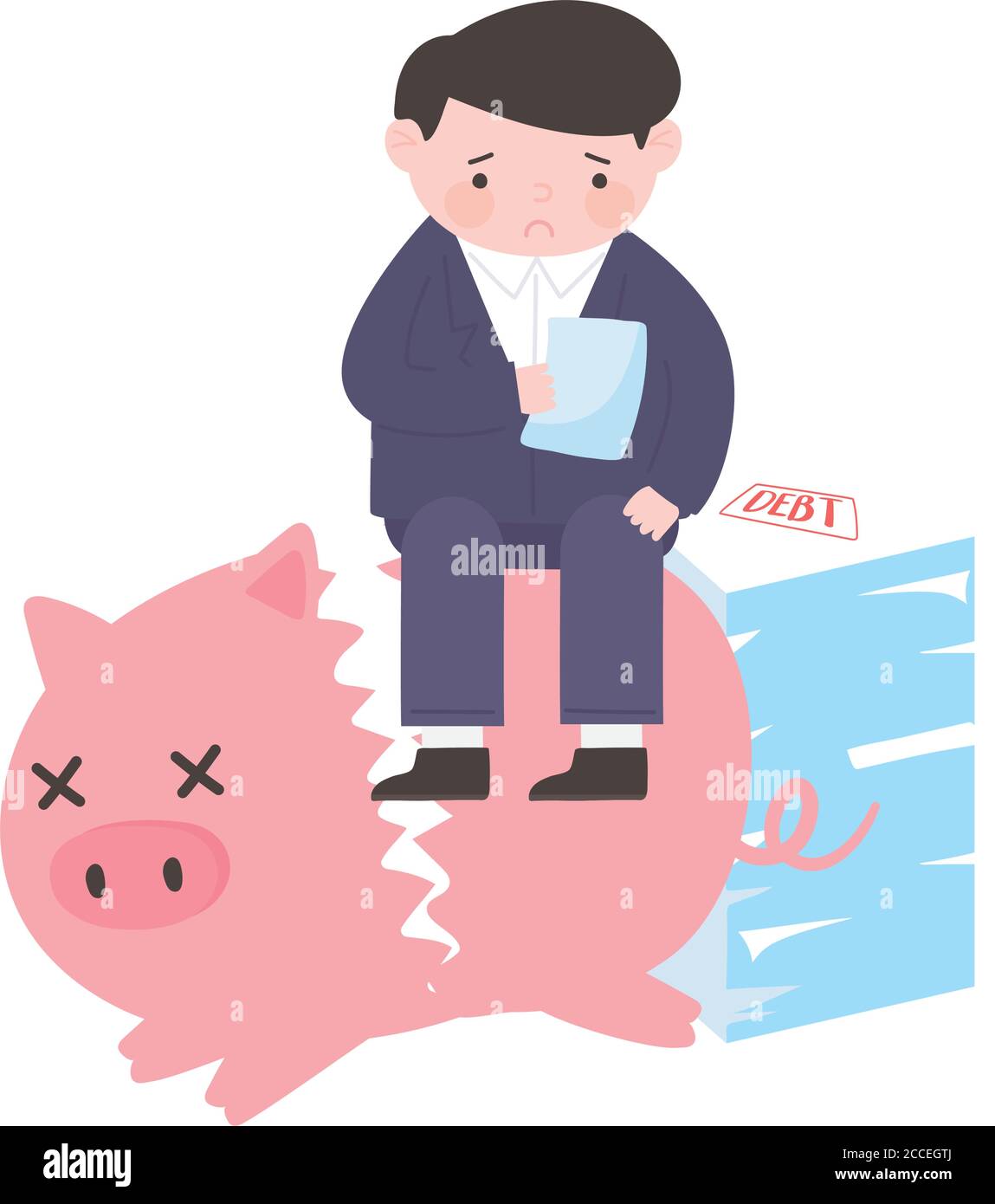 bankruptcy man sitting on stack of papers debt and broken piggy bank ...