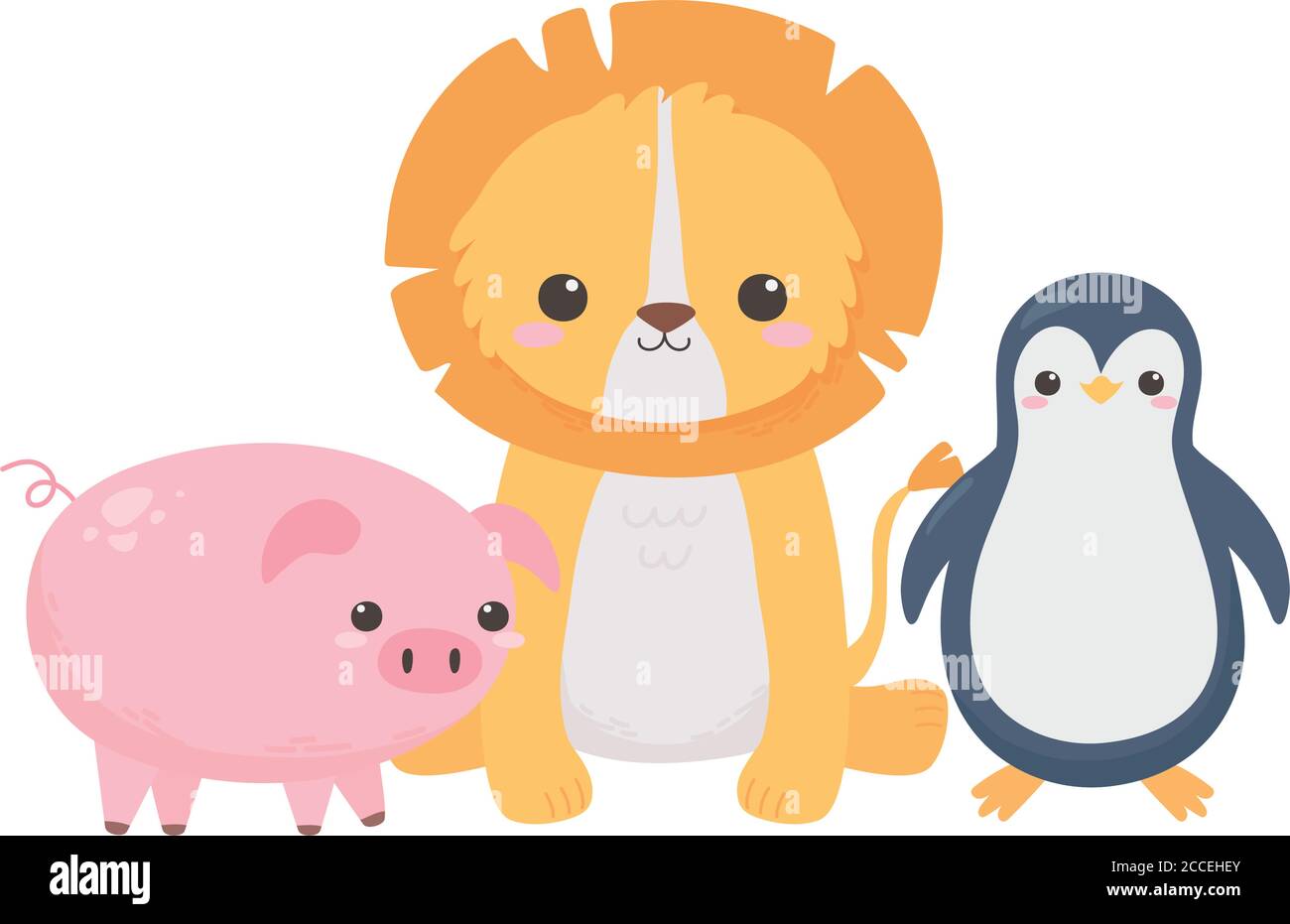 little lion pig and penguin cartoon animals isolated white background ...