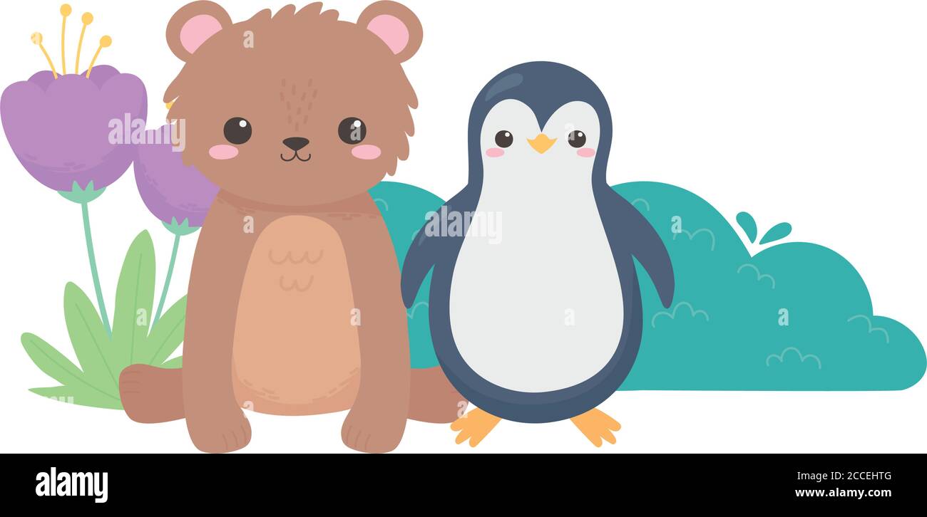 little penguin bear tree and flowers cartoon animals in a natural ...